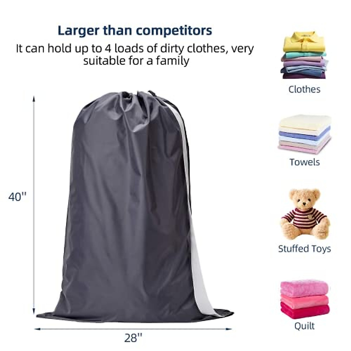 NICOGENA 2 Pack Laundry Bag with Shoulder Strap, Sturdy Drawstring Rips and Tears Resistant Nylon Fabric, Collapsible Large Clothes Storage for College, Grey