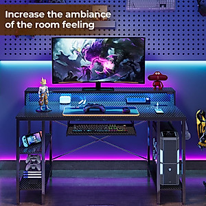 Rolanstar Computer Desk with LED Lights & Power Outlets, 47” Gaming Desk with Storage Shelves, Home Office Desk with Keyboard Tray & Monitor Stand, with Hooks, Carbon Fiber Surface Black