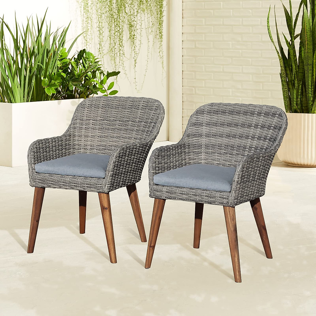 Soleil Jardin Patio Dining Chairs Set of 2 with Wood Legs, Outdoor Rattan Wicker Chairs with Seat Cushions for Lawn, Deck, Porch, Balcony, Backyard and Garden, Grey