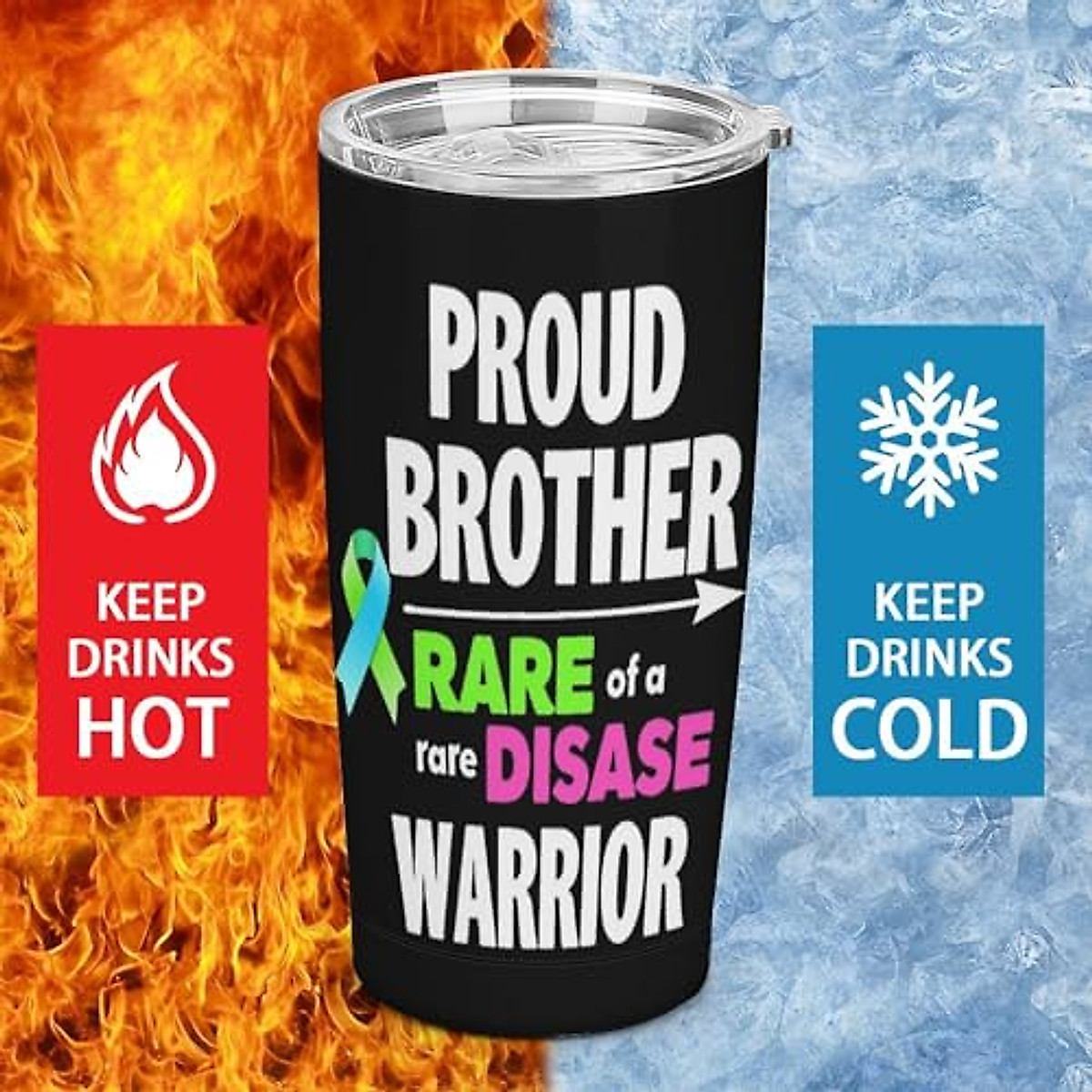 Proud Brother of A Rare Disease Warrior Awareness 20 OZ Stainless Steel Tumbler Travel Car Coffee Mug with Straw Lid Cleaning Brush Coffee Tumbler Mug for Women Men