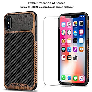 TENDLIN Compatible with iPhone Xs Max Case Wood Grain with Carbon Fiber Texture Design Leather Hybrid Slim Case Compatible with iPhone Xs Max