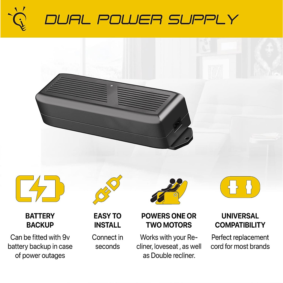 IdeaEuropa Dual Motor Power Supply Transformer Kit for Power Recliner, Sofa, Sectional or Loveseat. 29V 2A AC Power Cord Cable, Extension and Y Splitter Cable