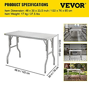VEVOR 48 x 30 Inch Commercial Prep, Heavy-Duty Folding 661 lbs Load, Work Table, Silver Stainless Steel Kitchen Island