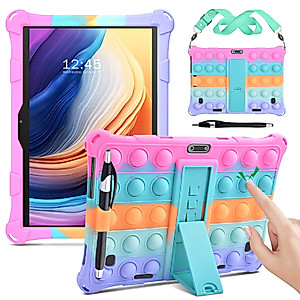 DETUOSI Silicone Case Compatible with Dragon Touch Notepad K10, 10 inch Universal Tablet Case, Multi-Angle Protective Cover for ZONKO K105 10 inch, Winsing 10 with Strap & Stylus Pen, Rainbow