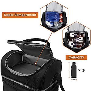 OPUX Lunch Box For Men Women, Insulated Large Lunch Bag Adult Work, Double Decker Lunchbox Meal Prep, Dual Compartment Leakproof Lunch Cooler, Soft Lunch Pail Tote Boys Girls Kids School, Black 16 Can