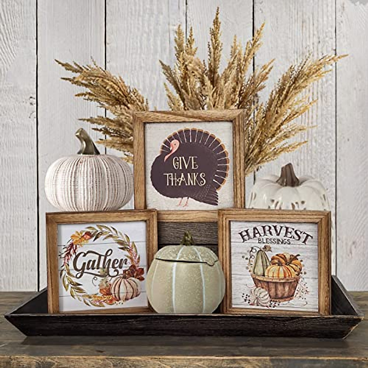 Set of 3 Rustic Wood Frames for Tiered Tray Decor with 36 Seasonal Interchangeable home signs Farmhouse Home Decor for the Spring, Summer, Fall, Winter, Christmas, Easter, Thanksgiving, 4th of July, Halloween, Valentines & St Patrick’s Day, 7x7 in.