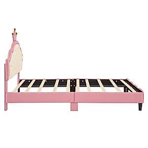 SOFTSEA Twin Upholstered Bed with Crown Headboard, Girls Princess Bed with Button Tufted Headboard, PU Leather Princess Platform Bed for Kids Girls, Easy Assembly, Pink + Whitea