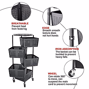 poplarbox Rotating Multi-Layer Kitchen Storage Shelf 360°Rotating Vegetable Rack Square Metal Baskets Black Storage Rack with Wheels Household Storage Baskets for Kitchen Living Room Bathroom