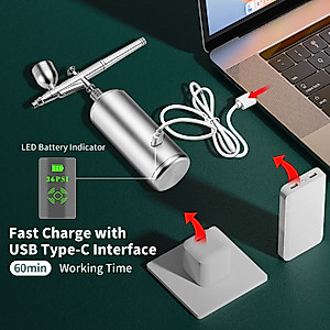 MGGSUG Airbrush Kit with Compressor 36PSI Air Brush Gun Rechargeable Portable Handheld Cordless with LCD Screen for Nail Art, Painting, Cake Decor, Cookie, Mode, Makeup, Barber (Silver)