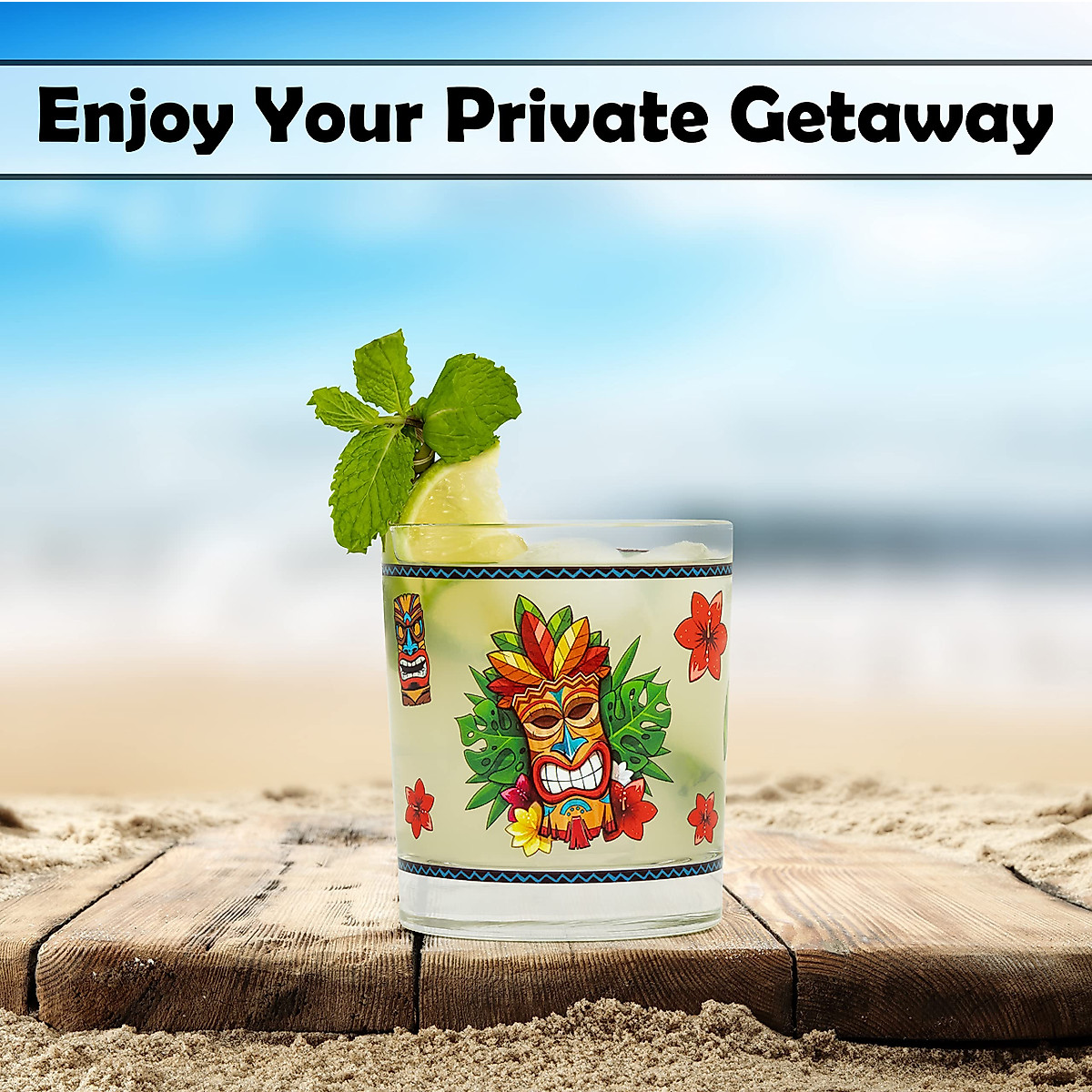 Tiki Cocktail Glasses Set of 4-10.5 Ounce Rocks Drinking Cups | Exotic Hawaiian Luau Party Barware