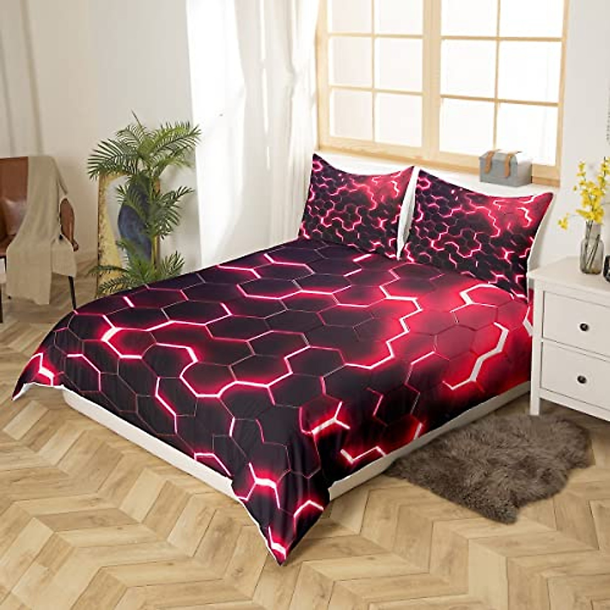 Feelyou 3D Honeycomb Duvet Cover Twin Size Geometry Hexagon Comforter Cover Glitter Print Bedding Set Red Bedspread Cover for Kids Boys Girls Adults 2Pcs