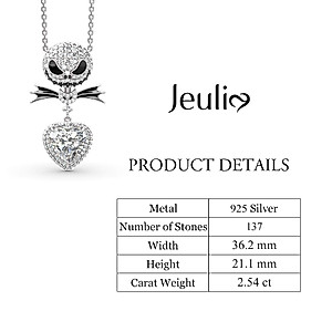 Jeulia 2.5 Carat Nightmare Necklace 925 Sterling Silver Jack and Sally Skull Pendant Necklace Heart Necklace for Women Birde Romantic Jewelry Gift for Her (Silver)