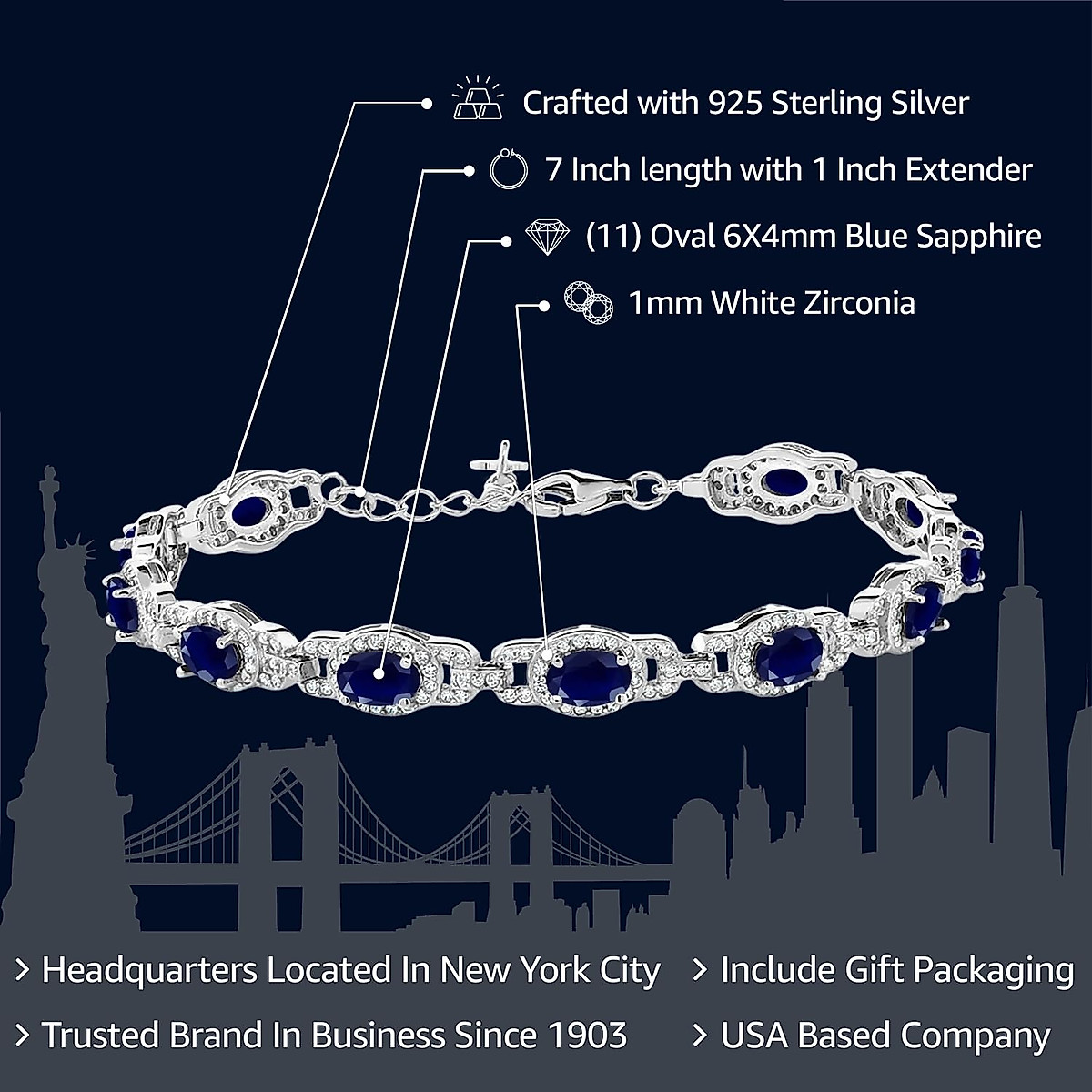 Gem Stone King 925 Sterling Silver Blue Sapphire Tennis Bracelet For Women (9.71 Cttw, Gemstone Birthstone, 7 Inch with 1 Inch Extender)