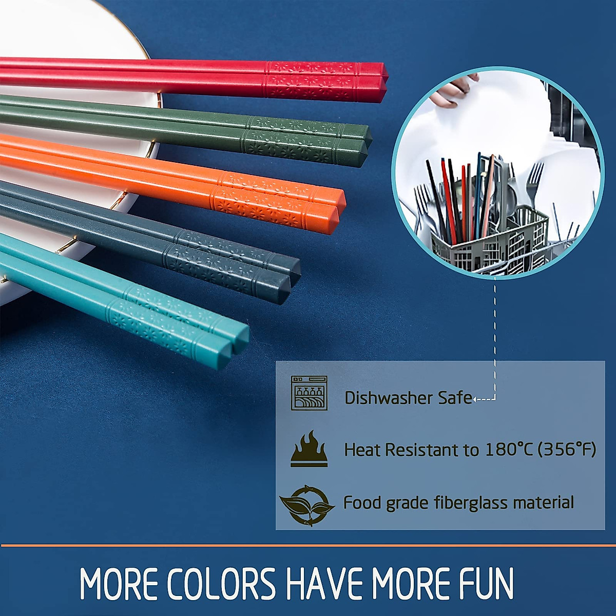 Fiberglass Chopsticks Reusable Chopsticks Dishwasher Safe 5 Pairs 9.4 Inches/24cm Matte Non-Slip Home Hotel Restaurant Dining Tools, Japanese Chop Sticks Gift Sets, Solid Colors