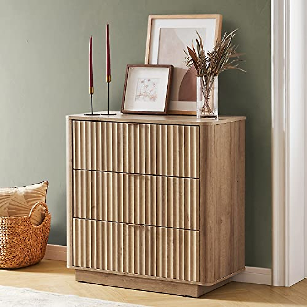 mopio Brooklyn Mid-Century Modern Dresser/Credenza, Waveform Panel with Sleek Curved Profile with Aluminum Handle 3-Drawers for Bedroom/Living Room, Sturdy Anti-Tipping Base (Golden Oak, Dresser)