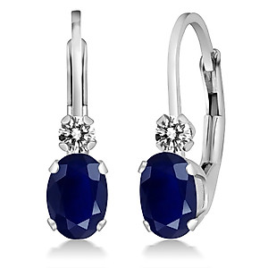 Gem Stone King 14K White Gold Blue Sapphire and White Diamond Leverback Earrings For Women | 1.17 Cttw | Gemstone September Birthstone | Oval 6X4MM, Round 2MM | 3/4 Inch