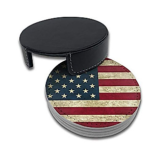 American Flag USA Flag Leather Drinks Coasters with Holder Set of 6, Suitable for Kinds of Cups