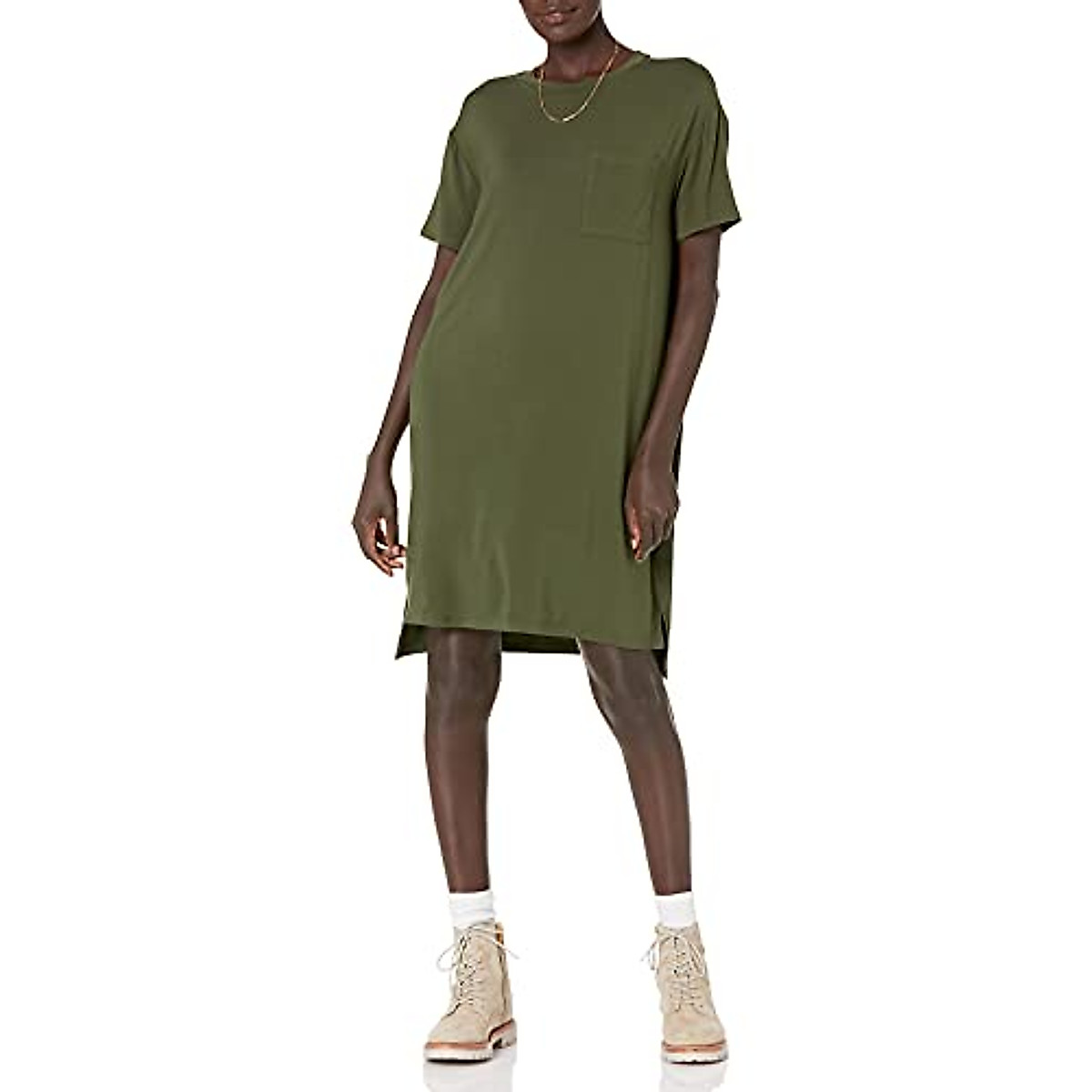 Amazon Essentials Women's Jersey Oversized-Fit Short-Sleeve Pocket T-Shirt Dress (Previously Daily Ritual), Forest Green, Medium