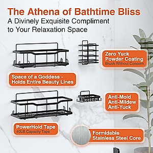 Shower Caddy Bathroom Shelves, The Athena Silken Black 4 Set, 40LB Capacity, Adhesive Tape - No Drill-Rustproof -Gorgeous Powder Coated 304 Stainless Steel Shower Organizer for kitchen and Home Decor