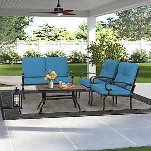 Oakmont 5Pcs Outdoor Furniture Patio Conversation Sets Loveseat, 2 Motion Spring Chairs with Coffee Table, Metal Frame Chair Set (Peacock Blue)