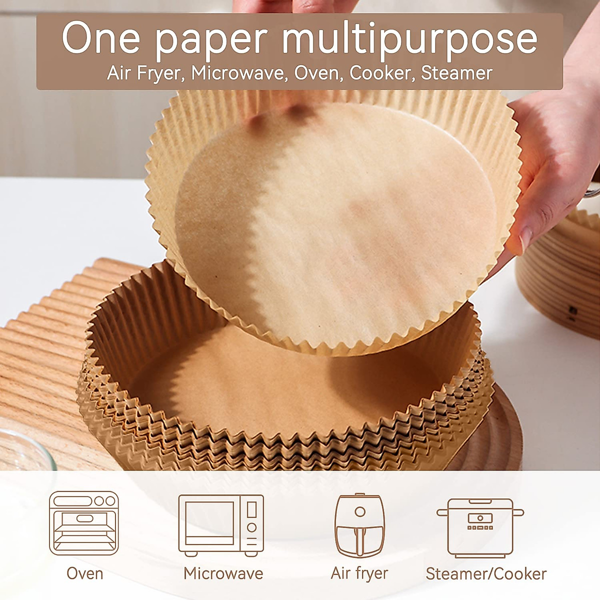 COSOAIR Air Fryer Disposable Paper Liner, 50PCS Non-stick Air Fryer Liners, Round Air Fryer Parchment liners Oil-proof, Water-proof, Food Grade Parchment Paper for Baking Roasting Microwave 7.9inch