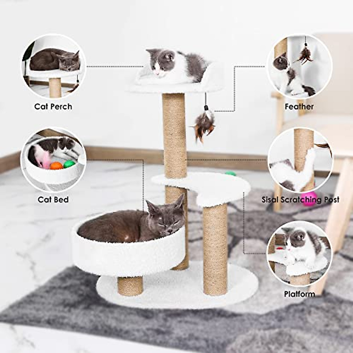 Lahas Modern Cat Tree Tower for Indoor Small Cats with Sisal Scratching Post,Hammock,Perch,Bed,Feather Toy,Easy to Assemble,Activity Design Cat Furniture Supplies