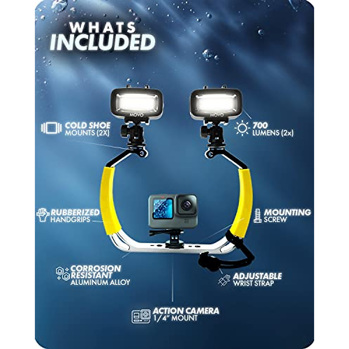Movo DiveRig1 XL Diving Rig Bundle with Waterproof LED Lights - Compatible with GoPro Hero, HERO5, HERO6, HERO7, HERO8, HERO9, HERO10 and DJI Osmo Action Cam - Scuba Accessories for Underwater Camera