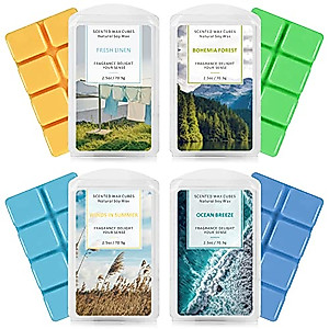 SCENTORINI Wax Melts, Wax Cubes, Soy Wax Cubes for Wax Warmer, Ocean Breeze, Fresh Linen, Bohemia Forest, Winds in Summer, 4 x 2.5oz