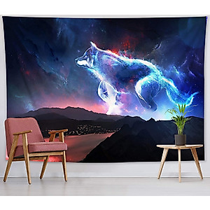 HVEST Wolf Tapestry Wall Hanging Mountains and Lake Night Natural Scenery Tapestries Wild Animal Wolve in Trippy Space Wall Decor Blanket for Bedroom Living Room Dorm,60x40 Inches