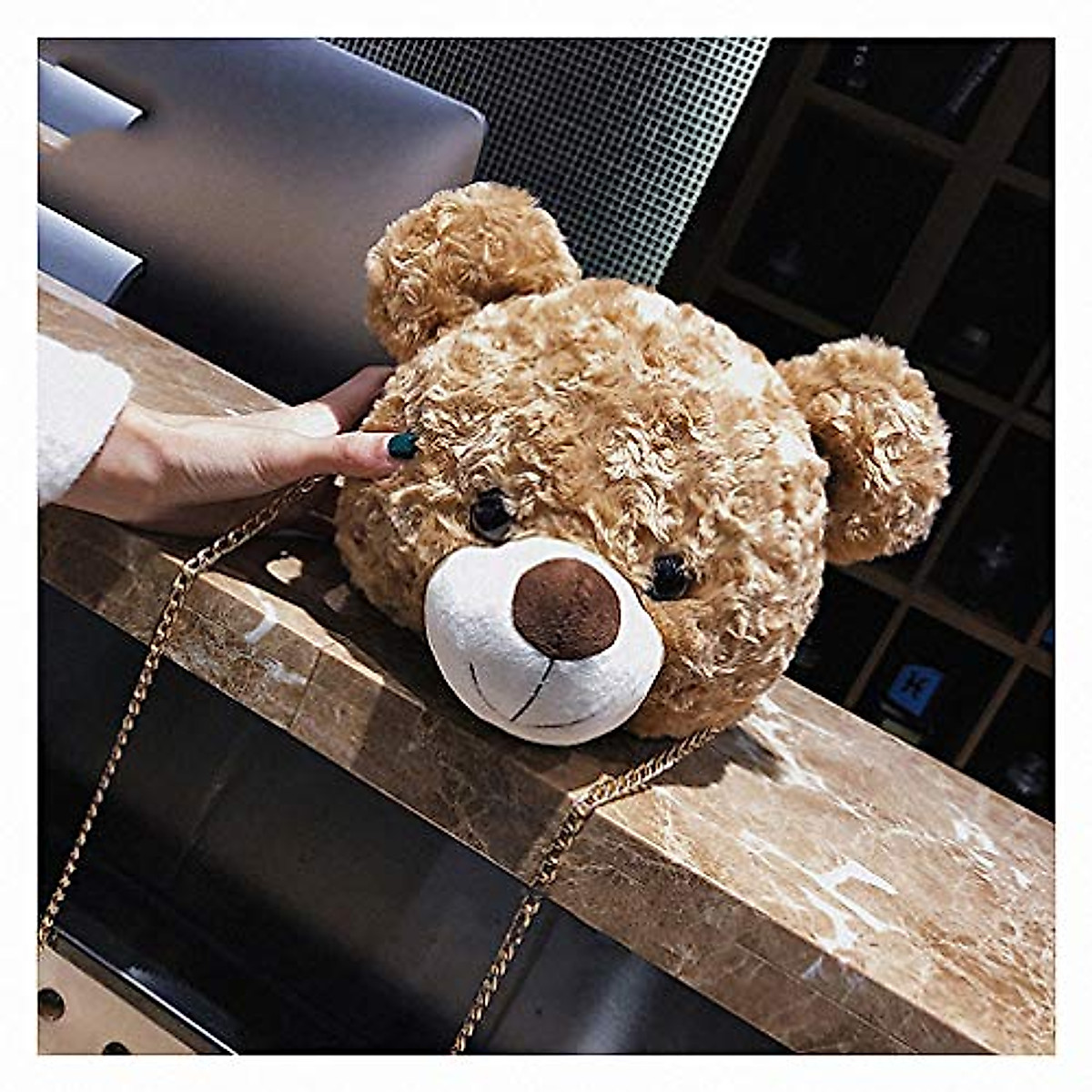 Shoulder Bag Cartoon Faux Fur Teddy Bear Head Handbag for Girl Kid Women Cute Toy Bag Lovely Crossbody Plush Purse Light Brown