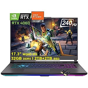 ASUS ROG Strix G17 G713 Gaming Laptop | 17.3" WQHD IPS 240Hz | AMD 12-Core Ryzen 9 7845HX >i9-12900H | 32GB DDR5 2TB+2TB SSD | GeForce RTX 4060 8GB | USB-C RGB Backlit Win11 Black + HDMI Cable