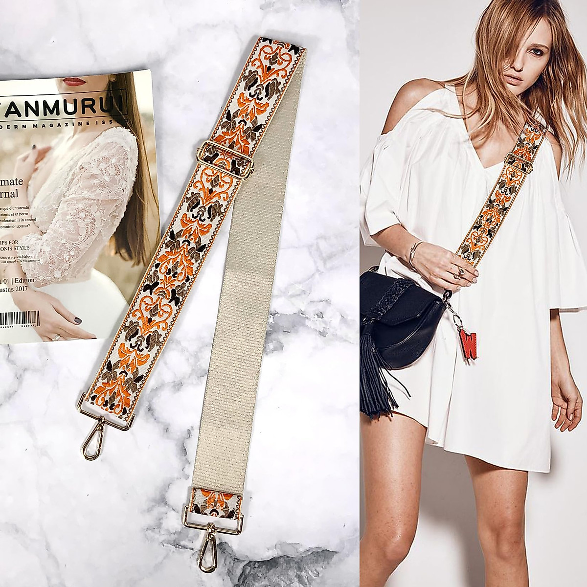 Dsigo Purse Strap, 2" Wide Gold Buckle Embroidery Crossbody Shoulder Strap for Bag Handbag Canvas Bag Crossbody Bags (Orange Jacquard Floral)