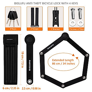 BIGLUFU Bike Lock Bicycle Scooter Motorcycle Folding Locks with 4Keys, Fold Chain Heavy Duty Alloy Steel Foldable Lock with Mounting Bracket 2pc Straps, 86cm/34 Unfolding, 1.92 lbs