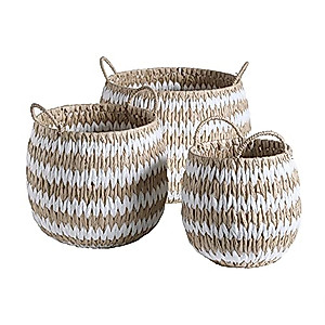 Motifeur Water Hyacinth and Paper Handwoven Basket (Assorted Set of 3, Beige and White)