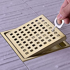 TRUSTMI 6 Inch Square Shower Floor Drain with Removable Grid Grate Cover, SUS 304 Stainless Steel,Brushed Gold