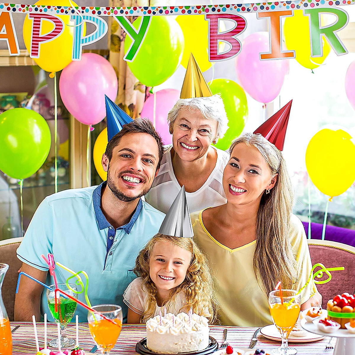 Sumind Colorful Birthday Party Hats Party Cone Hats Metallic Foil Cone Hats Birthday Paper Hats (15)