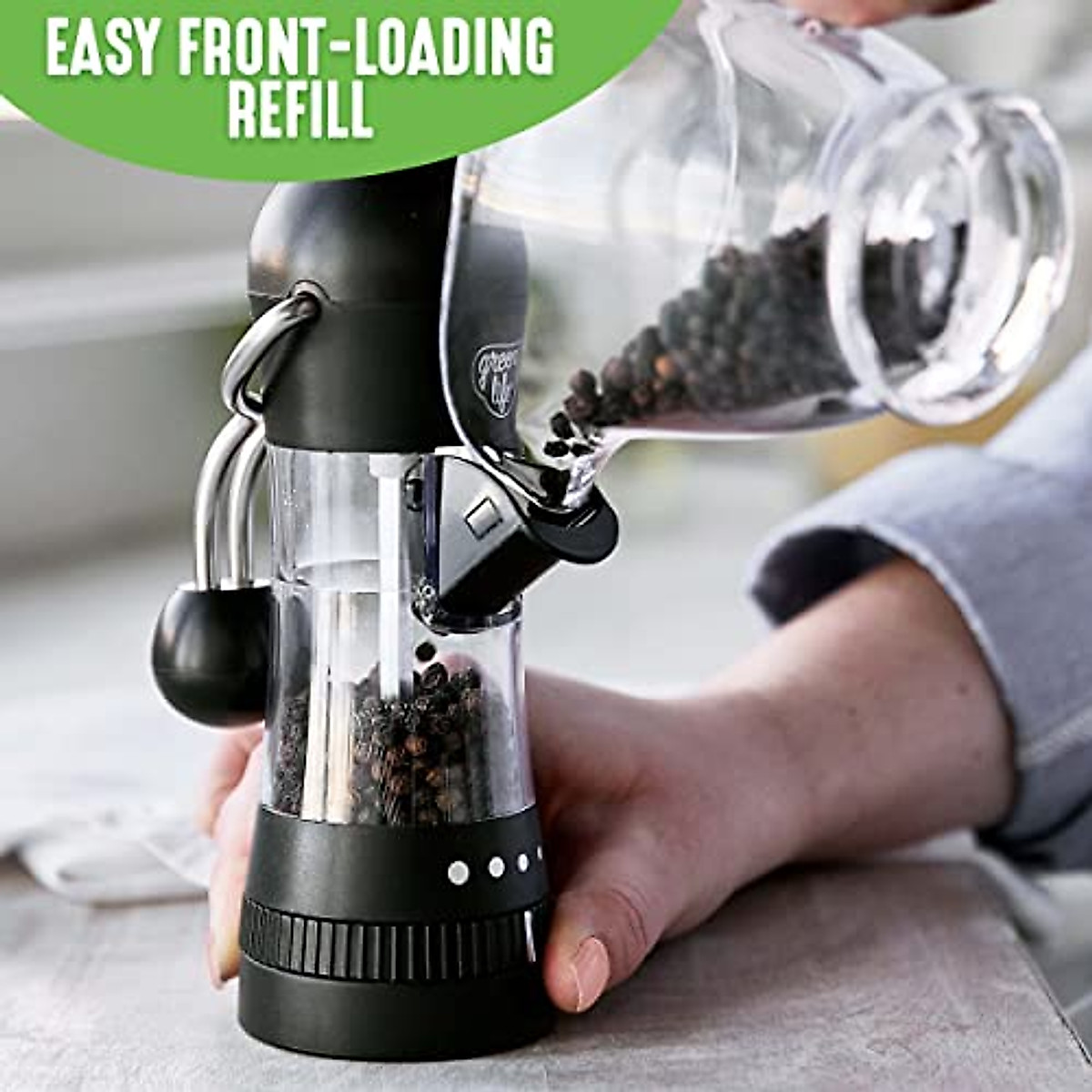 GreenLife Salt and Pepper Grinder Set, Mess-Free Ratchet Mill, Adjustable Coarseness and Easily Refillable, Black and White