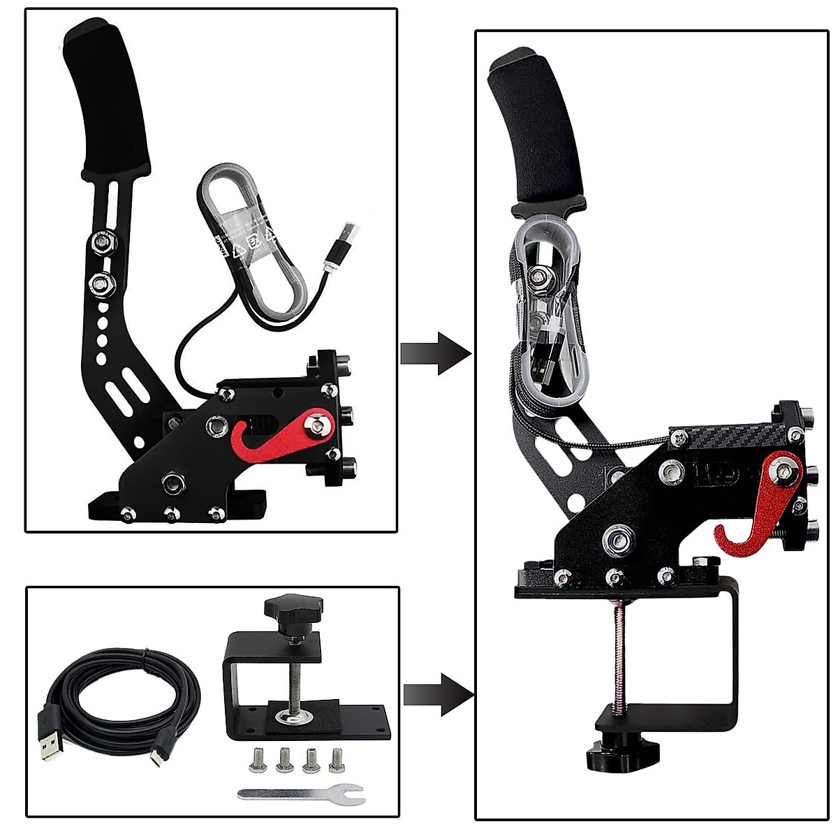 Obokidly Upgrade 2-IN-1 USB Handbrake Support G27/G29/G920 Compatible With PS4/PS5 + PC For Simracing Game Sim Rig With Clamp (Support G29 With Clamp, Black)