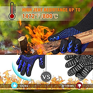 BBQ Fireproof Gloves - Grill Cut-Resistant Gloves 1472°F Extreme Heat Resistant, Silicone Non-Slip Oven Gloves for for Kitchen Garden BBQ Grilling and Outdoor Cooking Campfire