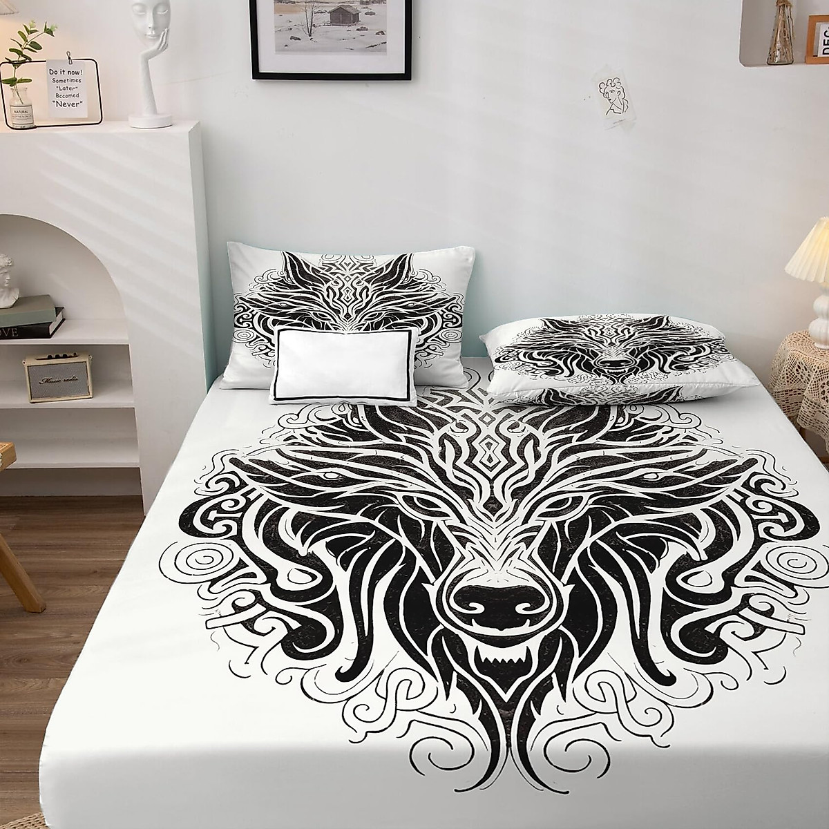 Viking Wolf Sheets Full Size Sheet Sets - Norse Mythology Bed Sheets, Soft Microfiber & Deep Pocket & Wrinkle Free Patterned Bedding Sheets & Pillowcases, 1 Fitted Sheet, 1 Flat Sheet, 2 Pillow Cases