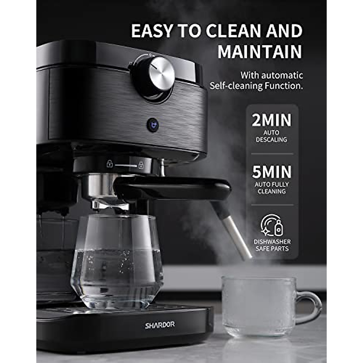 SHARDOR Espresso Machine, Automatic Latte & Cappuccino Maker, 15 Bar Pump Pressure Espresso Coffee Maker with Milk Frother Steam Wand, 1300W, Black