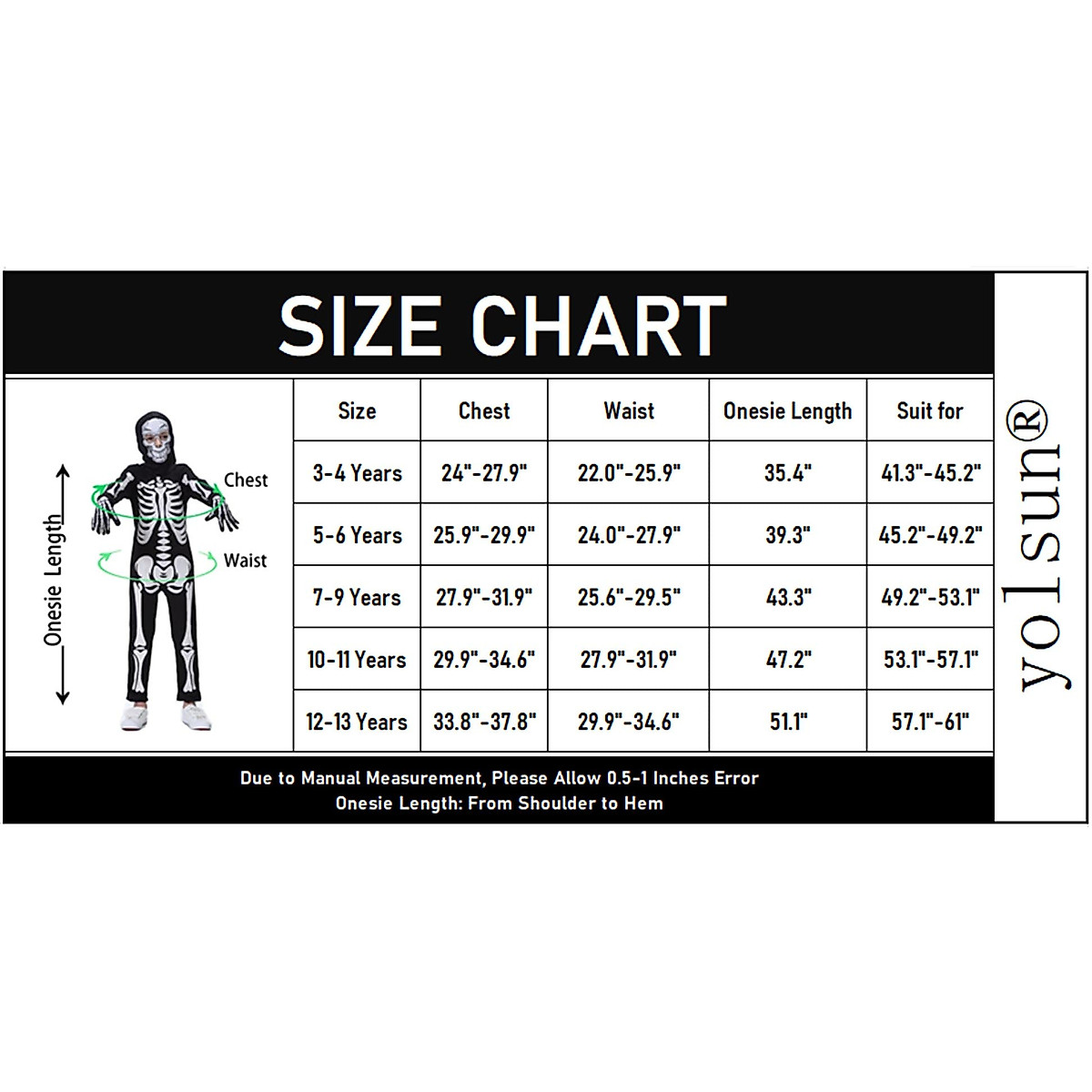 yolsun Skeleton Costume for Kids, Glow in The Dark, Halloween Fearsome Costume(12-13 Years)