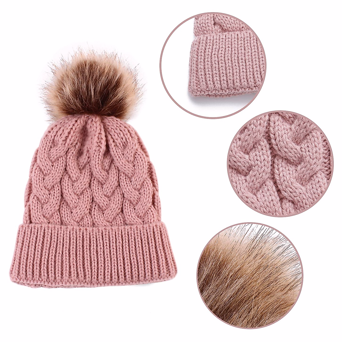 DANMY Baby Beanie Hat, Infant Newborn Toddler Winter Warm Knit Cap for Little Boys Girls, Winter Warm Hat (6-36 Months, white/beige/pink-3PCS)