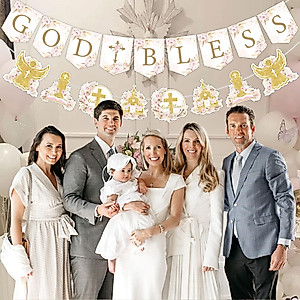 JOYMEMO Pampas Grass God Bless Banner with Baptism Garland - Baptism Decorations for Girls Boho First Holy Communion Christening Girl Shower Bridal Engagement Weddings Party Supplies