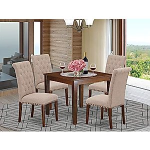 East West Furniture OXBR5-MAH-04 5Pc Dining Set Includes a Square Dinette Table and Four Parson Chairs with Light Fawn Fabric, Mahogany Finish, 5-piece