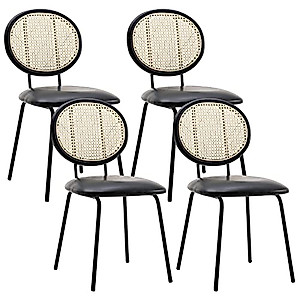 Jaxsen Faux Leather Indoor Kitchen Dining Chairs Set of 4 with Rattan Backrest, Modern Industrial Upholstered Chairs mid Century Metal Dining Chair Suitable for Dining Room Wine Coffee Bar, Black,18"