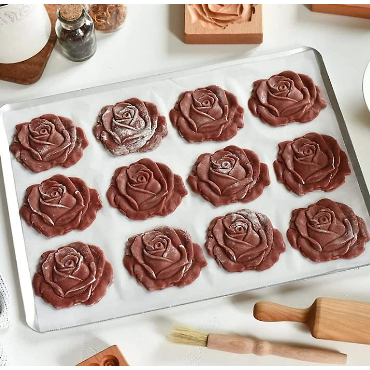 Wooden Cookie Cutter Embossing Mold, 3D Carved Wooden Cookie Mold, Biscuit Press Stamp Molds for Baking Moulds Christmas Thanksgiving Halloween Easter Kitchen DIY (Red roses)