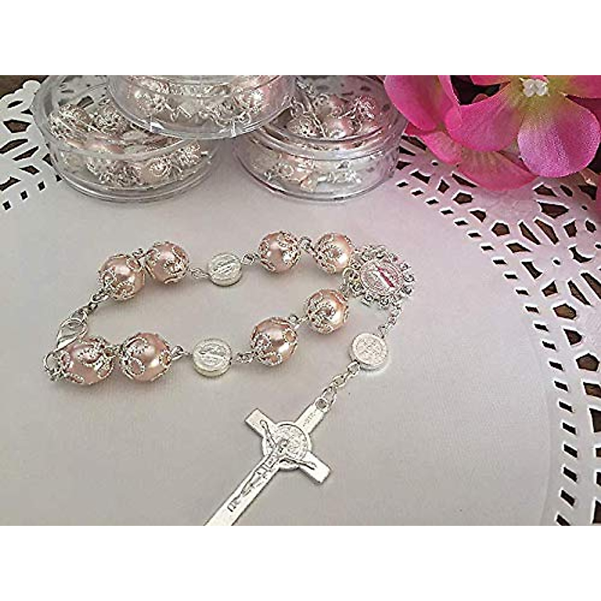 YRP Gifts 12 Pcs Pink/Silver Boy/Girl Hand Bracelet, Mini Rosary Rhinestone Memories Gift for Baptism/First Communion Festivities