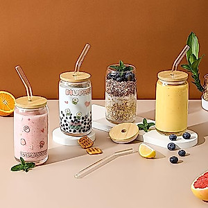 [ 12pcs Set ] Glass Cups with Bamboo Lids and Glass Straw - Beer Can Shaped Drinking Glasses, 16 oz Iced Coffee Glasses, Cute Tumbler Cup for Smoothie, Boba Tea, Whiskey, Water - 4 Cleaning Brushes