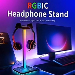 MOCIUN USB Gaming Desktop Headphone Display Stand, RGB Gaming Headphone Stand with Usb2.0 Hub and 3.5mm Port Audio T-ouch Control Led Strip Lamp (A)